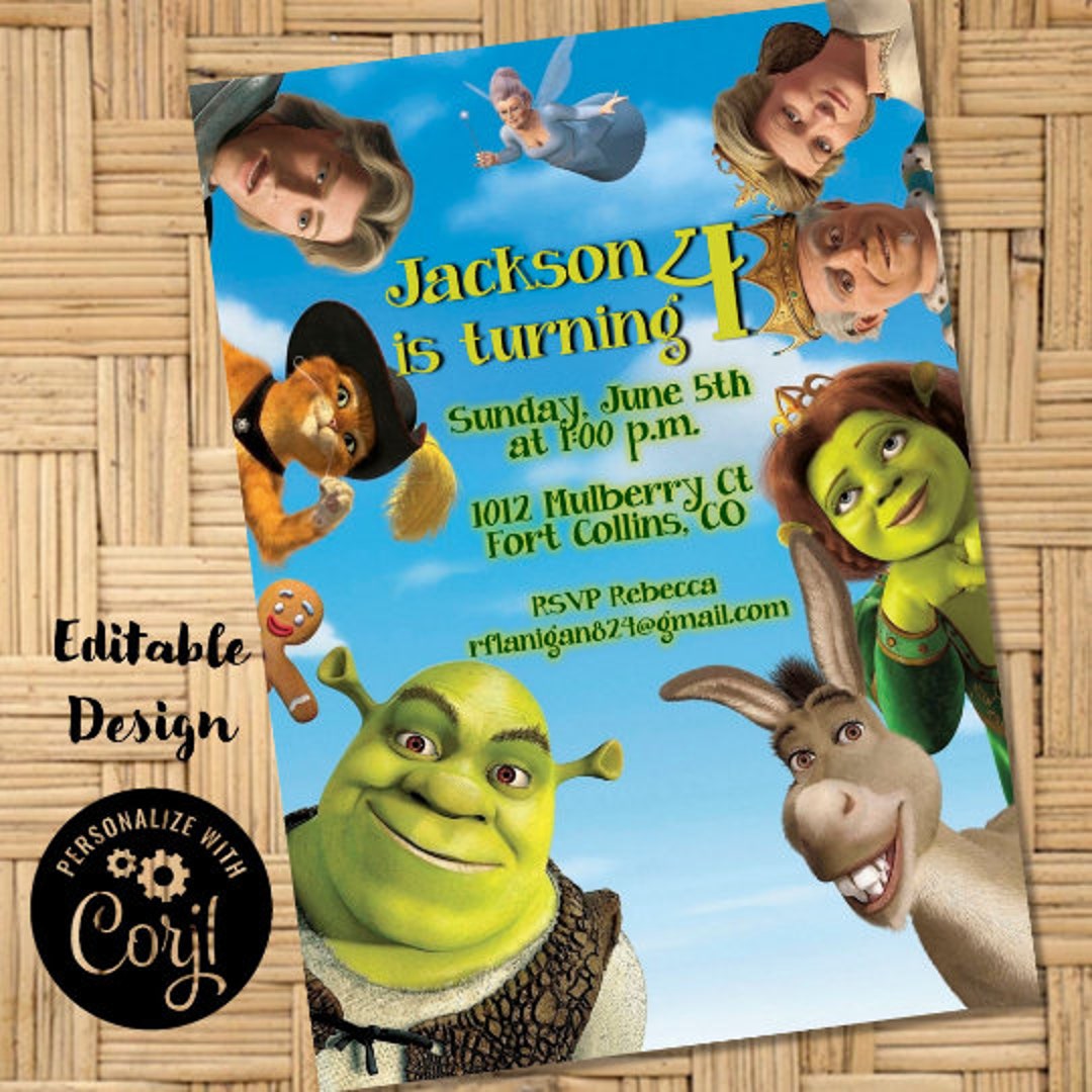 Editable Girls or Boys Shrek Printable Birthday Party Invitation ...