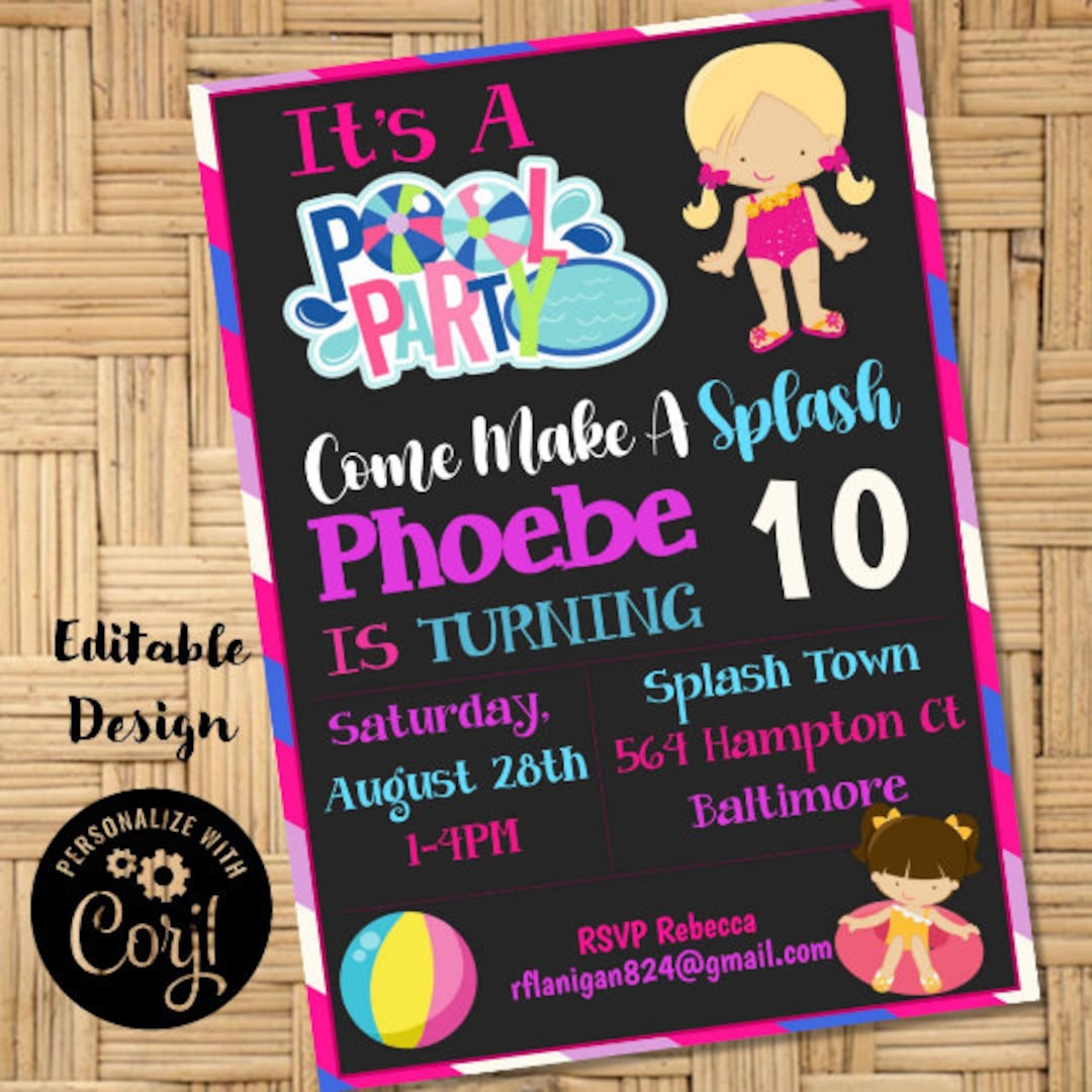 Editable Swimming Pool Birthday Party Invitation DIY Digital Image Any ...
