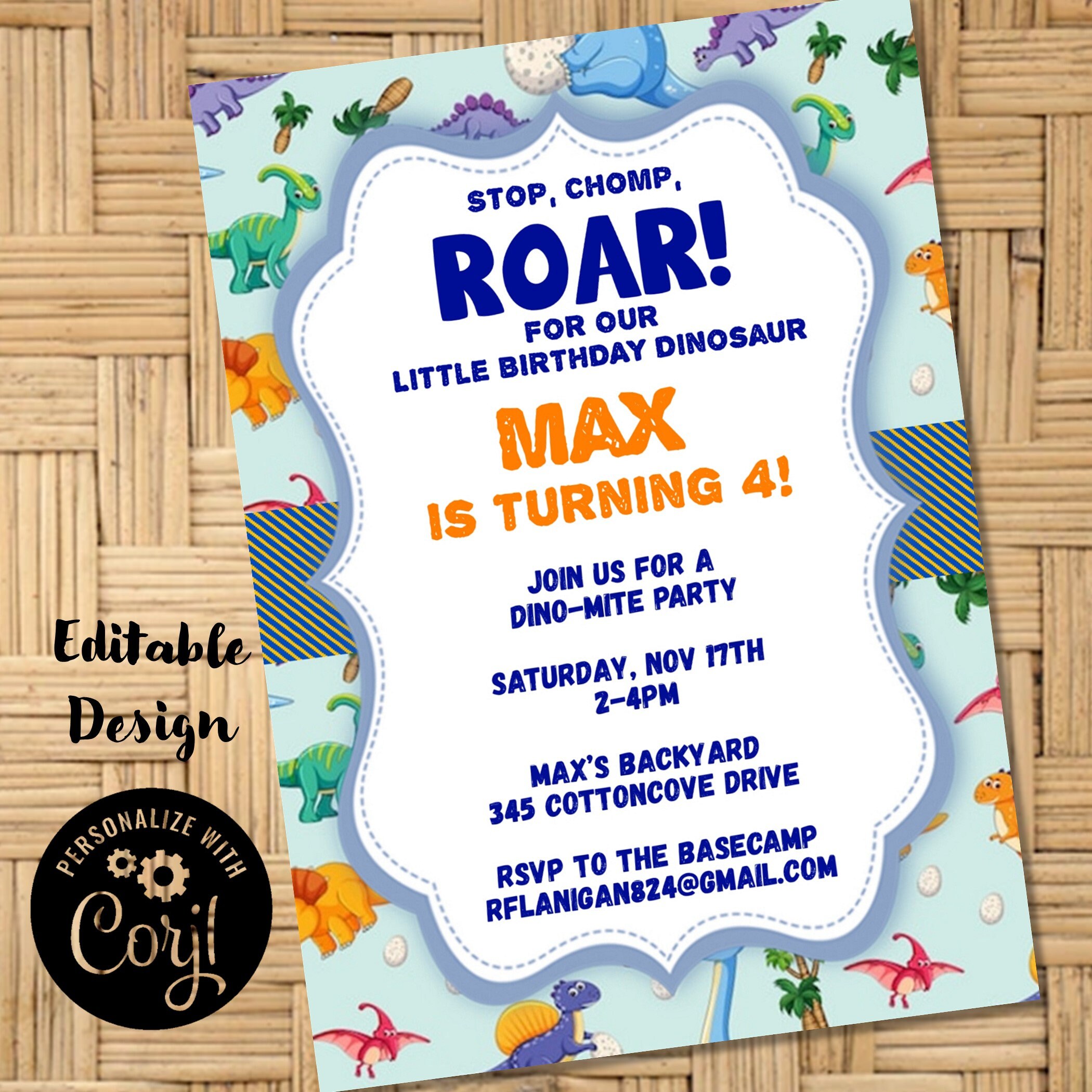 Editable Dinosaur T Rex T-rex Birthday Invitation Any Age Printable ...