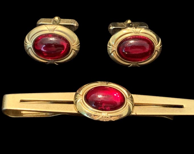 Vintage Anson Cufflinks /made in U.S.A./ Red Cabachon Cufflinks and Tie ...