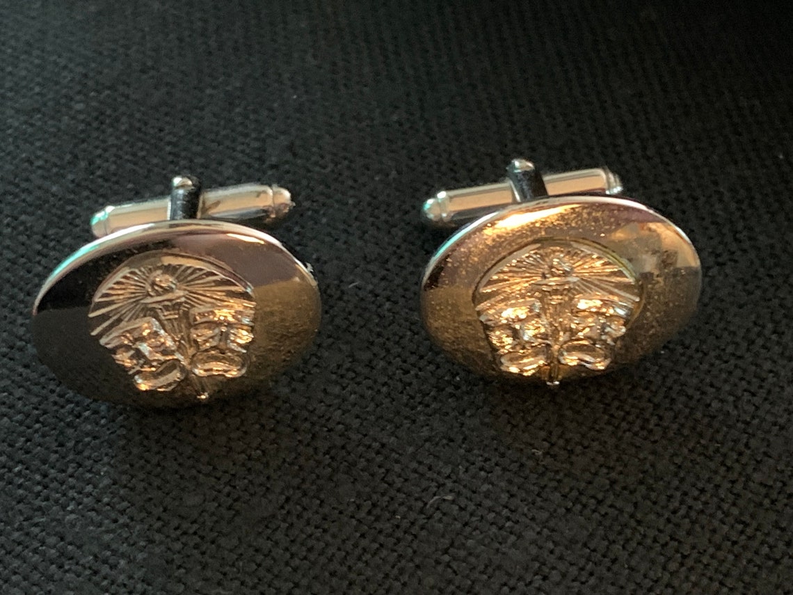 Comedy Tragedy Mask With Torch in Center of Oval Cufflinks, Silver Tone ...