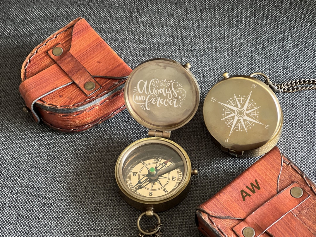 Personalized Pocket Compass and Leather Pouch Set, Custom Engraved ...