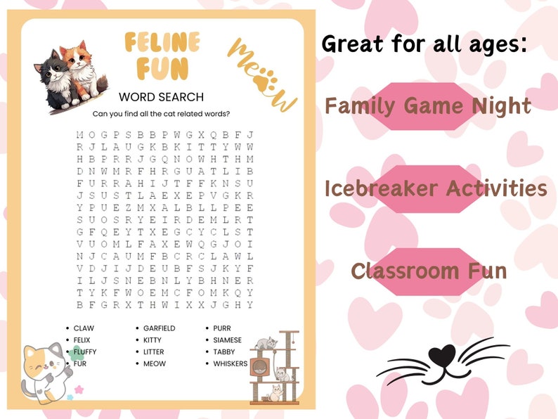 Digital Printable Cat Word Search, Feline Brain Teaser W/answers ...