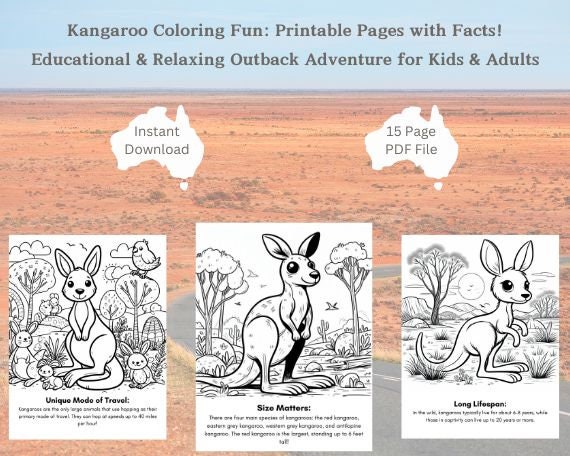 Kangaroo Coloring Fun Printable Pages Facts, Educational Relaxing ...