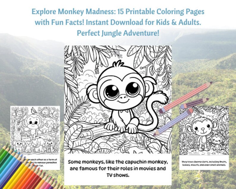 Monkey Printable 15 Coloring Pages With Fun Facts, Instant Download for ...