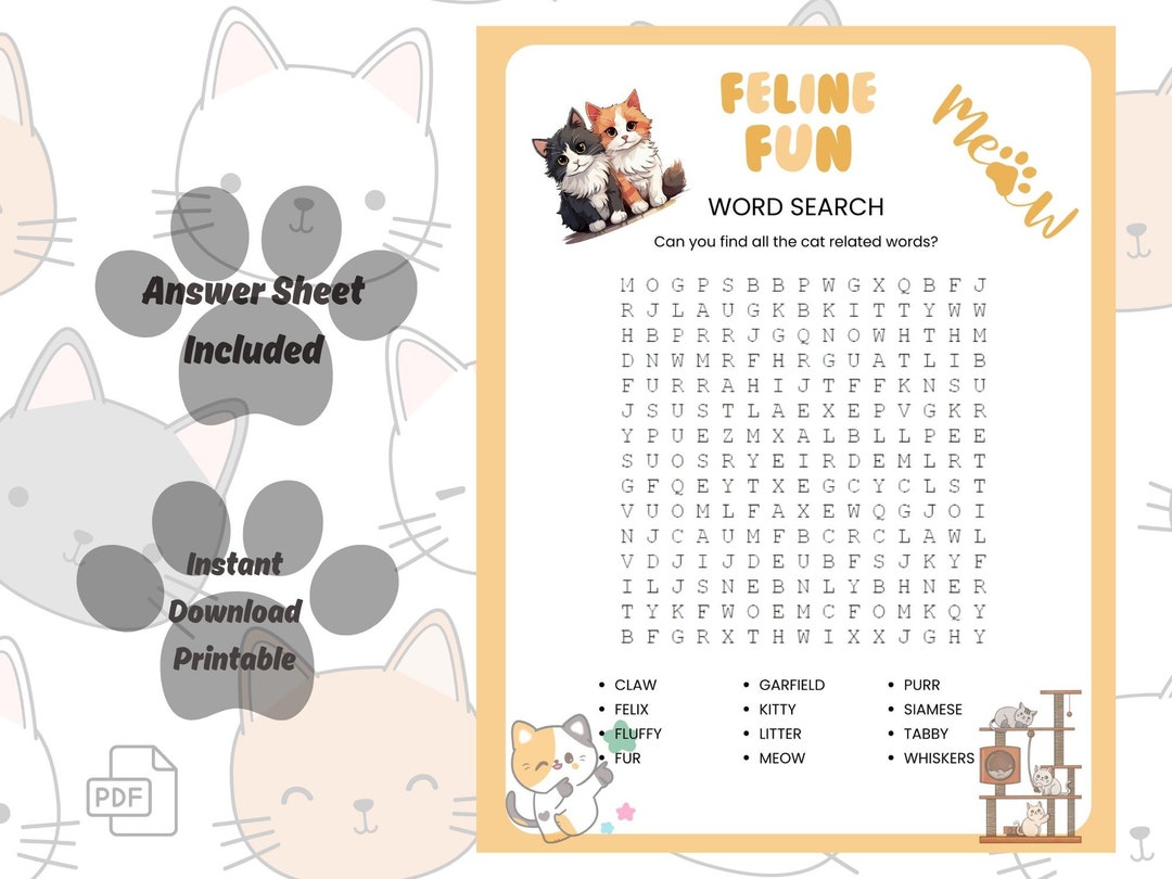 Digital Printable Cat Word Search, Feline Brain Teaser W/answers ...