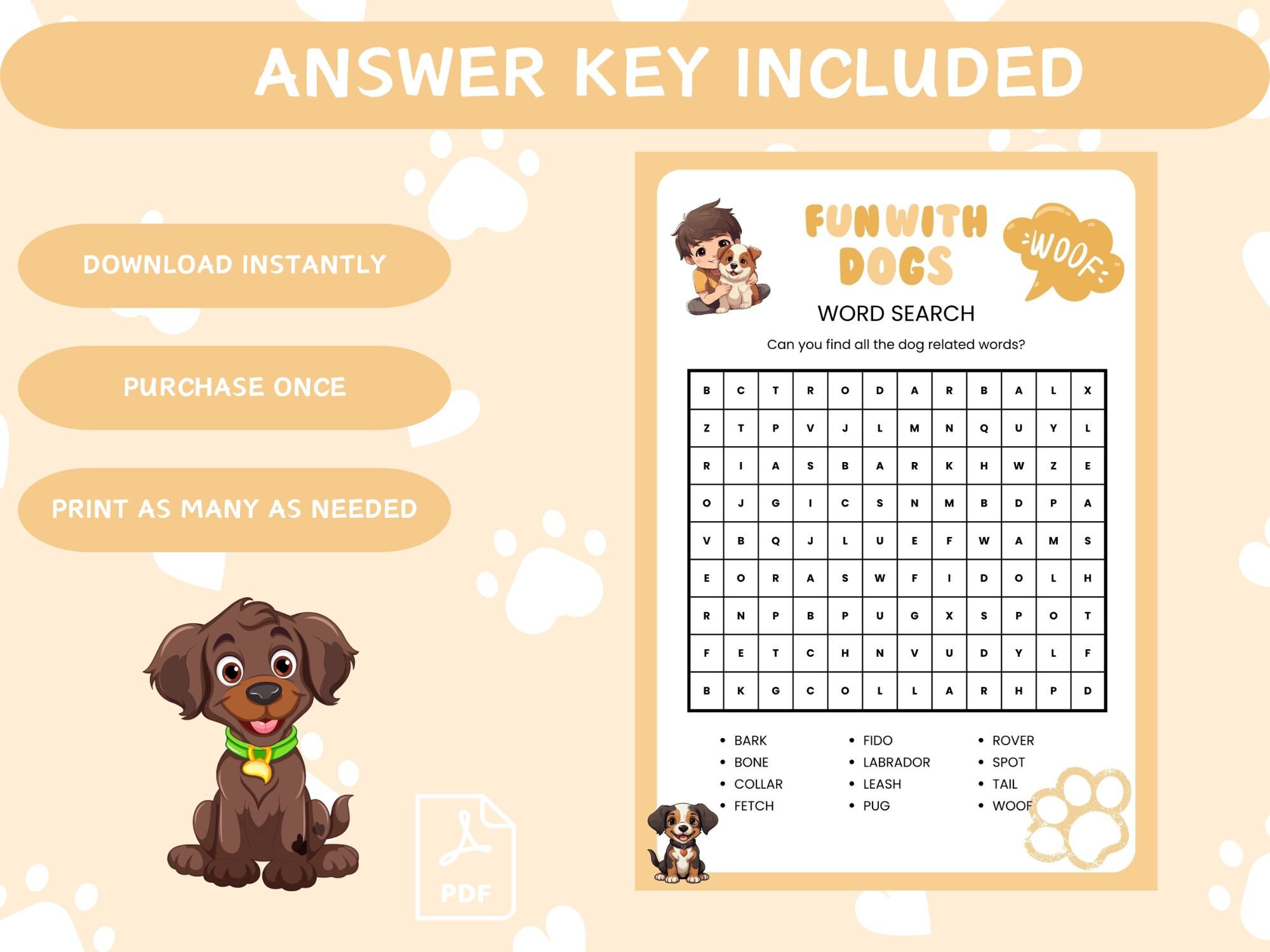 Canine Challenge Digital Download Printable Dog Word Search Puzzle W ...
