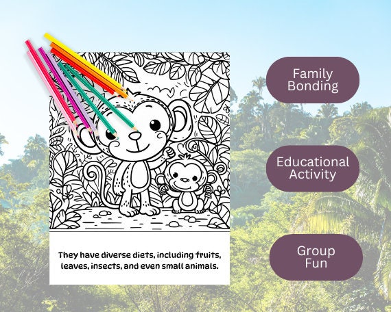 Monkey Printable 15 Coloring Pages With Fun Facts, Instant Download for ...