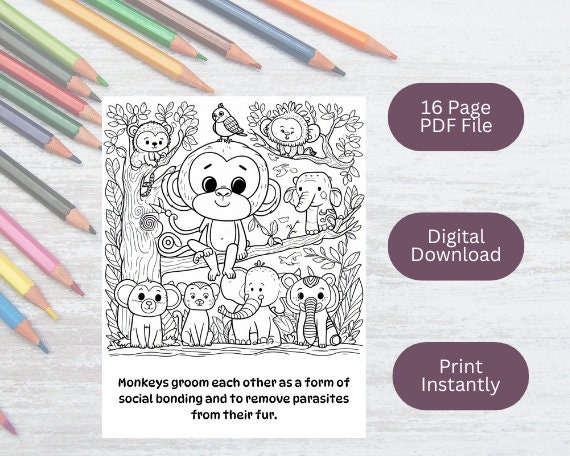 Monkey Printable 15 Coloring Pages With Fun Facts, Instant Download for ...
