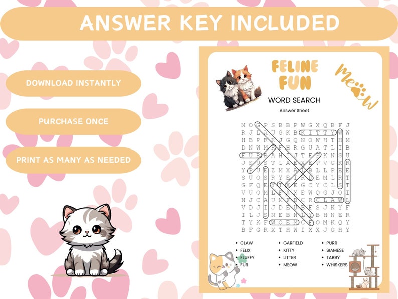 Digital Printable Cat Word Search, Feline Brain Teaser W/answers ...
