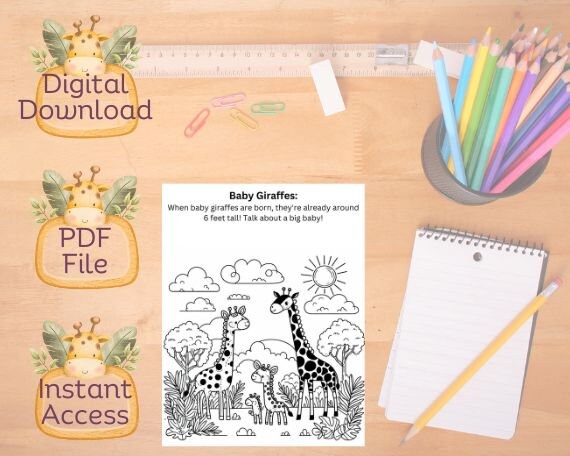 Giraffe Wonder Printable Coloring Pages With Fun Facts, Instant Digital ...