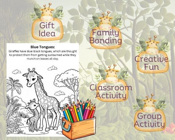 Giraffe Wonder Printable Coloring Pages With Fun Facts, Instant Digital ...