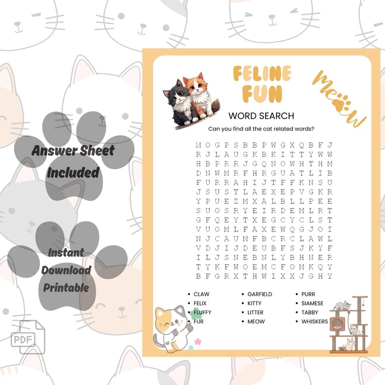 Digital Printable Cat Word Search, Feline Brain Teaser W/answers ...