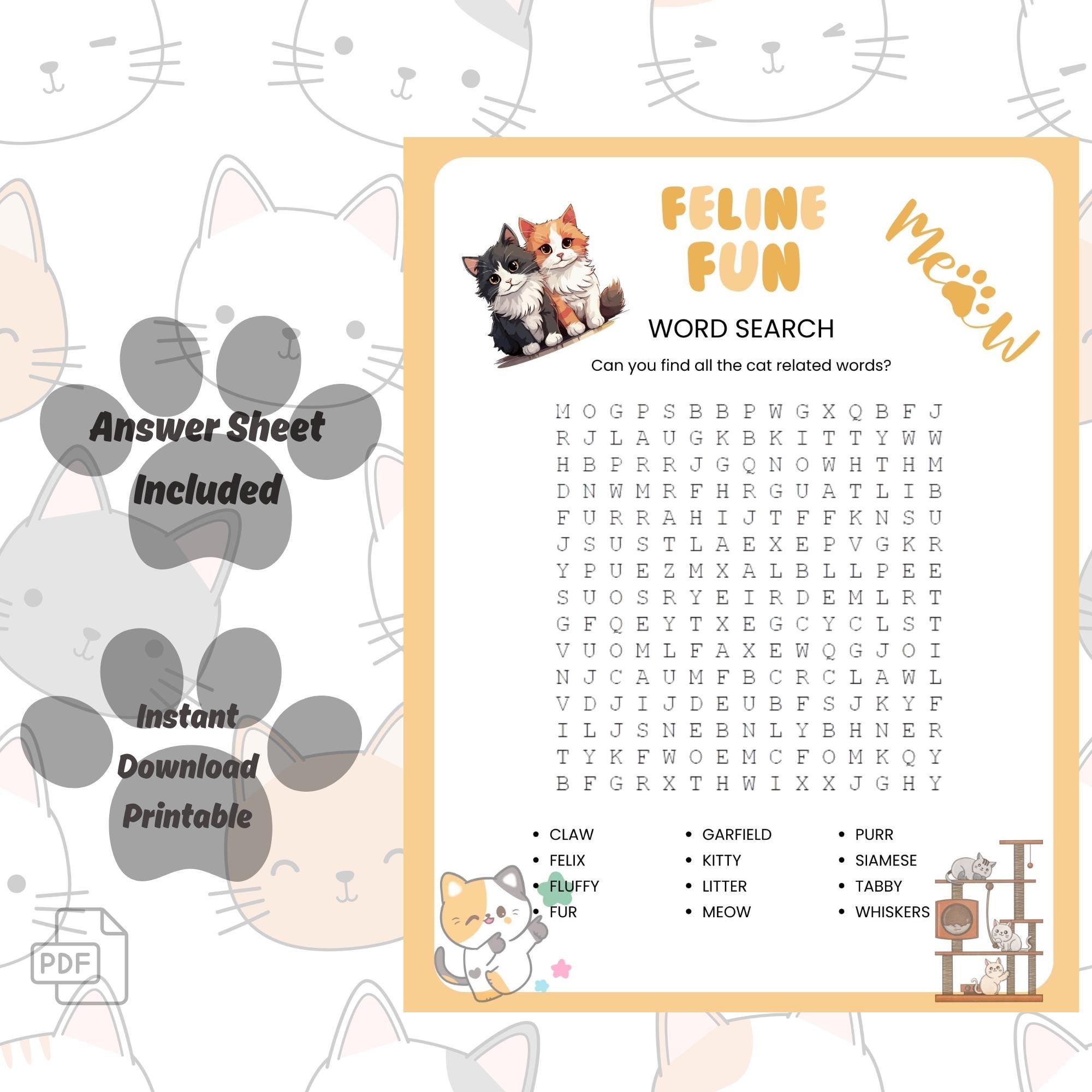 Digital Printable Cat Word Search, Feline Brain Teaser W/answers ...