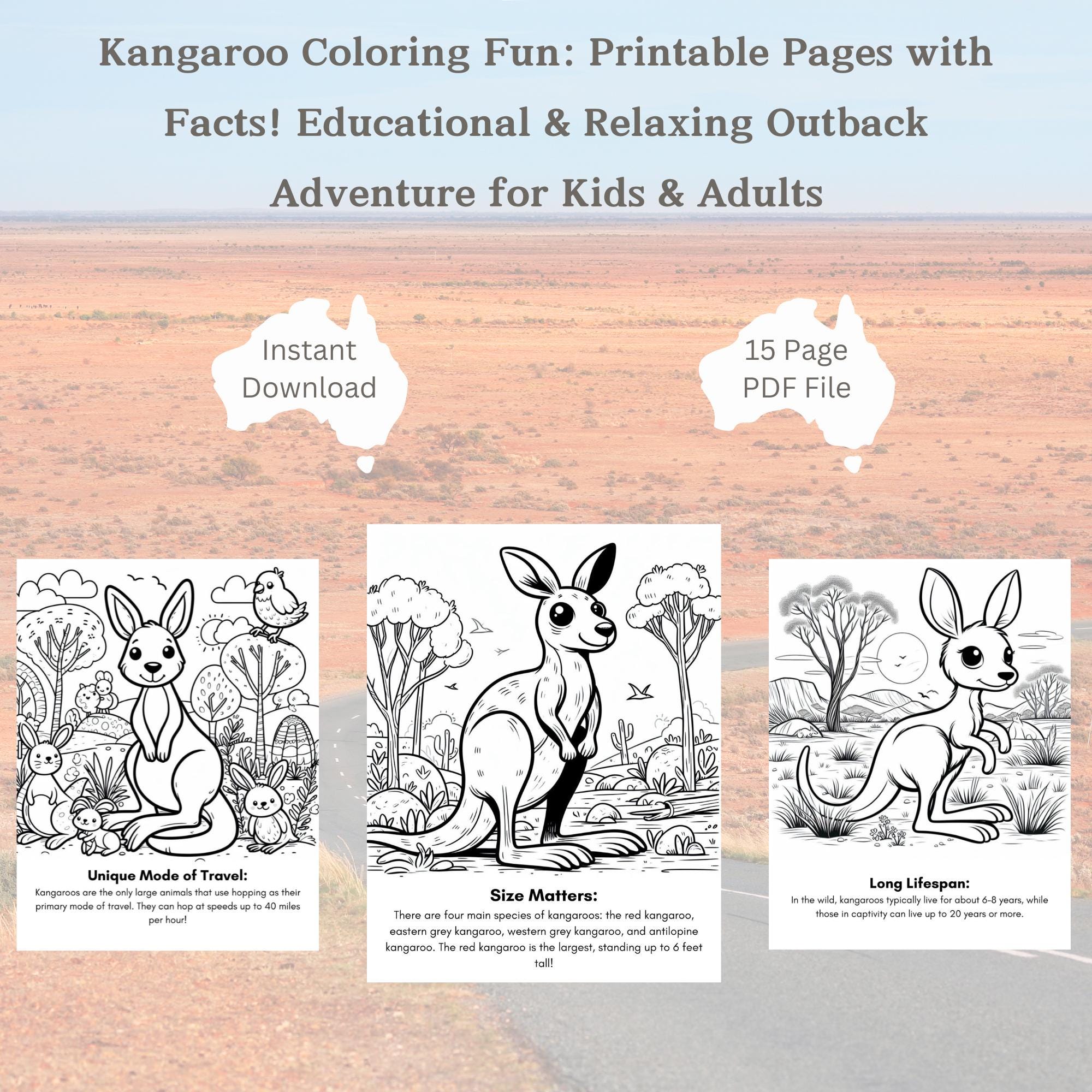 Kangaroo Coloring Fun Printable Pages Facts, Educational Relaxing ...