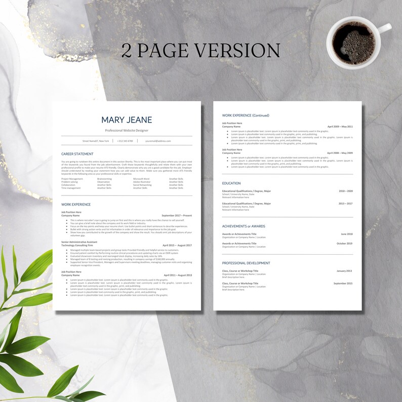 Resume Template Word ATS Friendly Cover Letter - Etsy