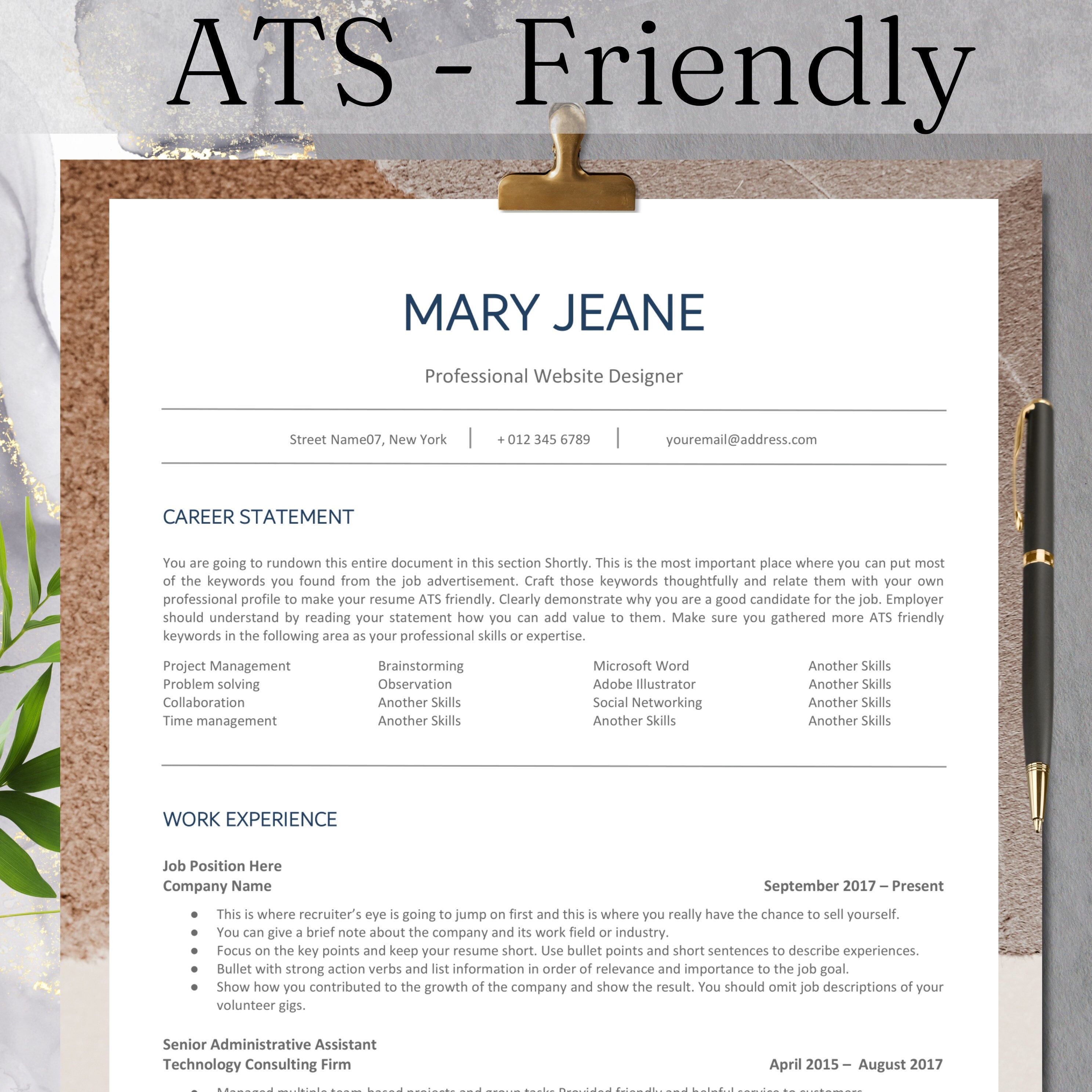 Resume Template Word ATS Friendly Cover Letter - Etsy