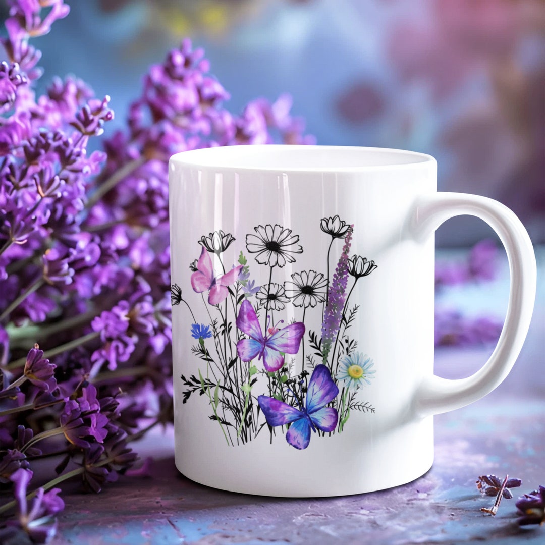 Spring Flower and Butterfly 11 Oz Ceramic Mug, Floral Mug for Spring ...