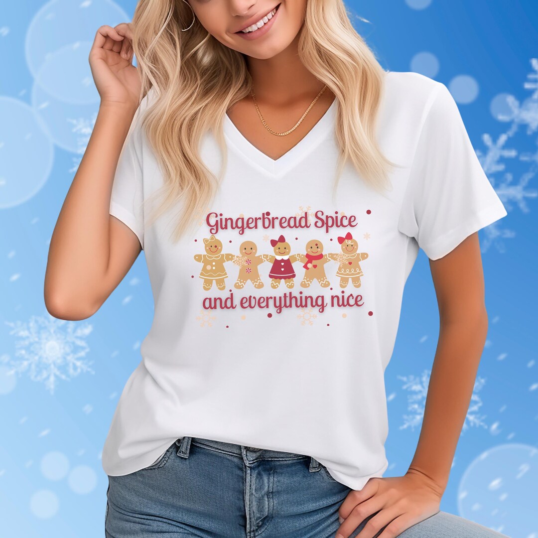 Gingerbread Christmas Jersey Short Sleeve V-neck Tee Shirt, Gift for Her, Ladies Gingerbread ...