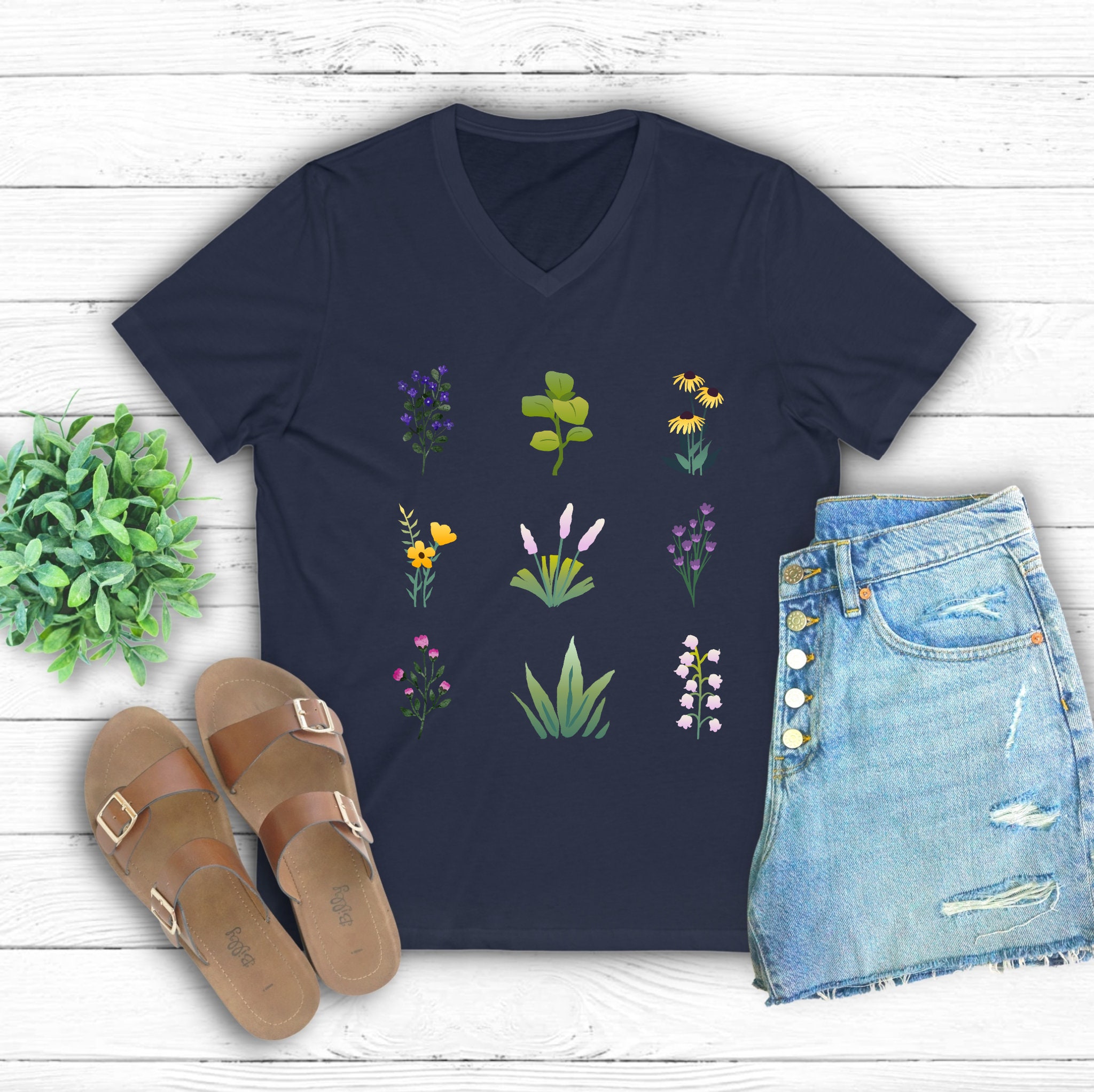 Wildflower V-neck Tee Shirt, Floral V-neck Tee, Flower Tee Shirt - Etsy