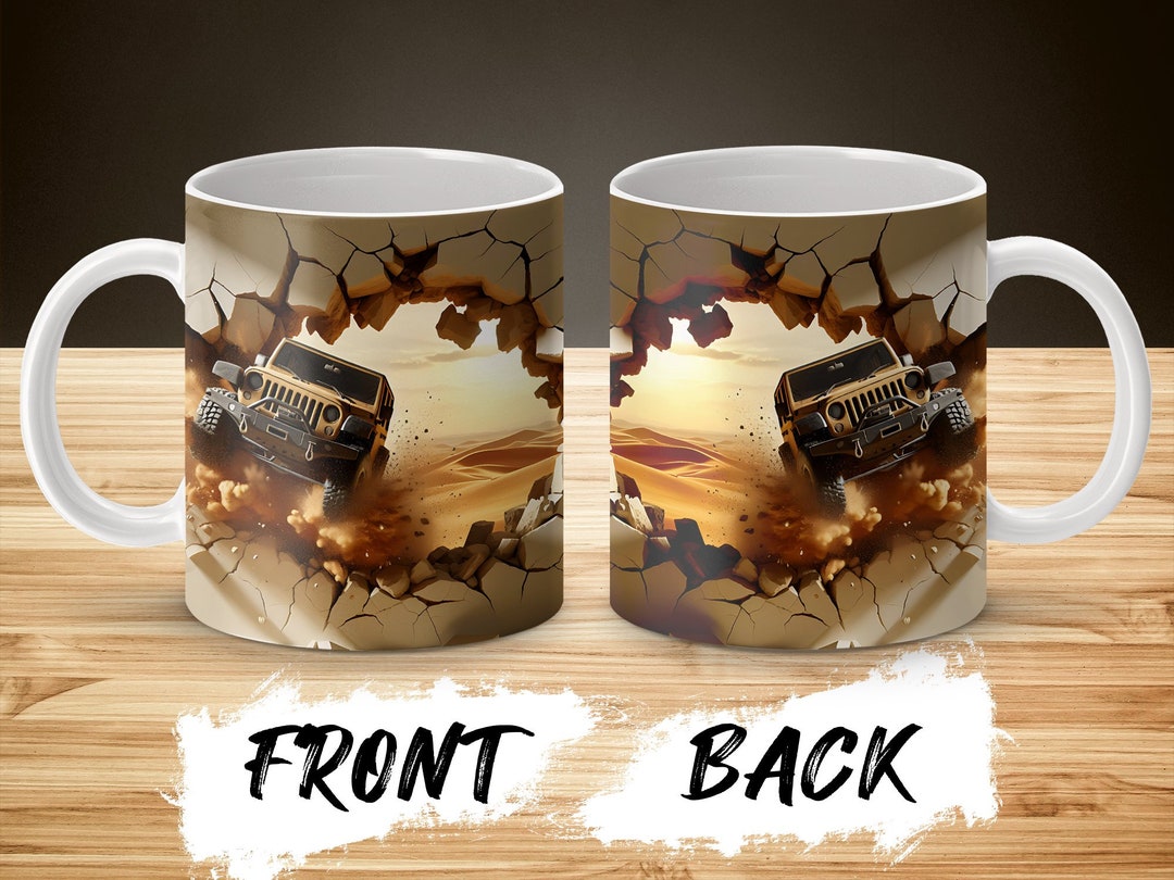 Off Road Jeep Mug Wrap Design, Breaking Through Wall Mug Art, Desert ...