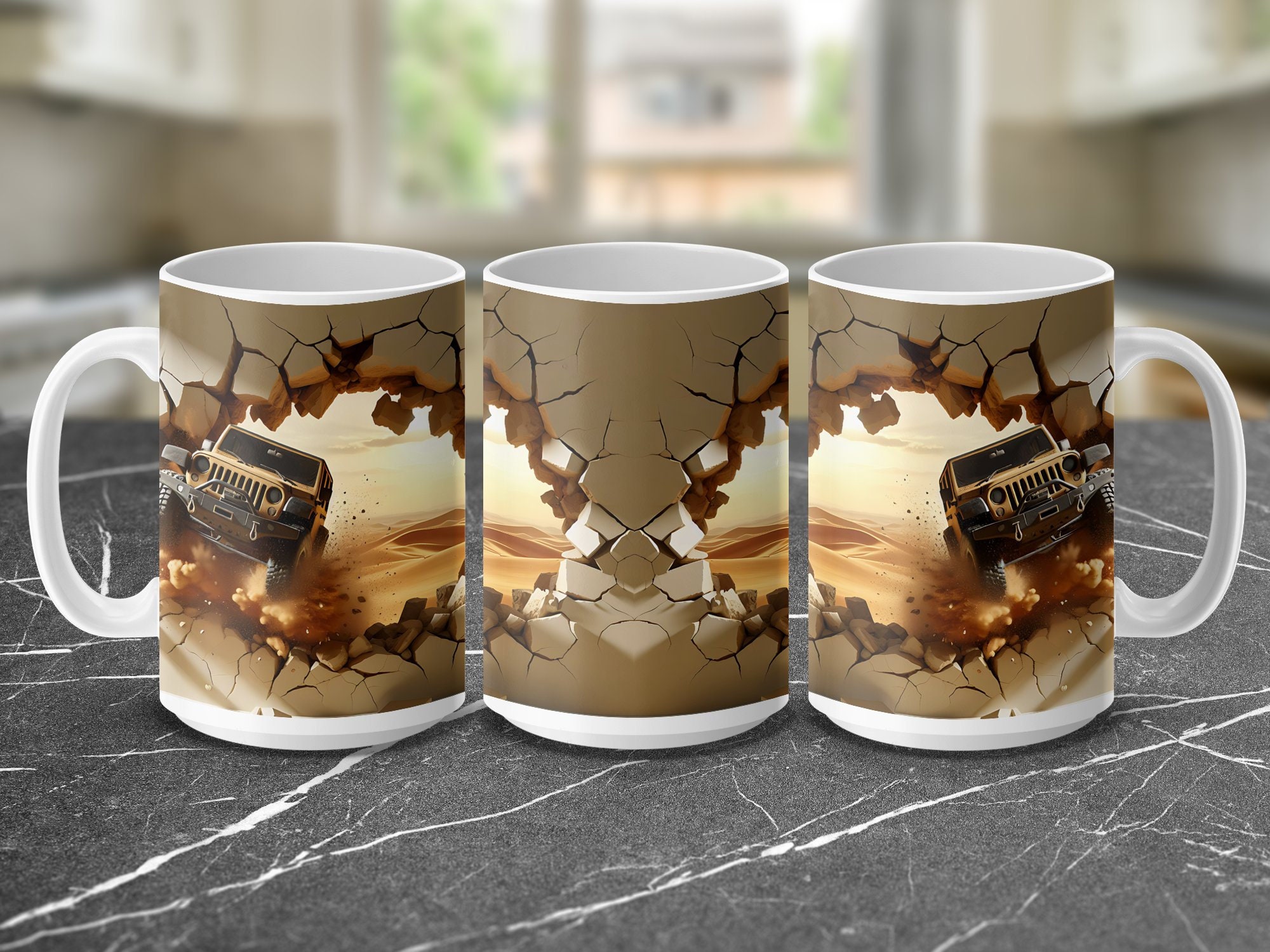 Off Road Jeep Mug Wrap Design, Breaking Through Wall Mug Art, Desert ...