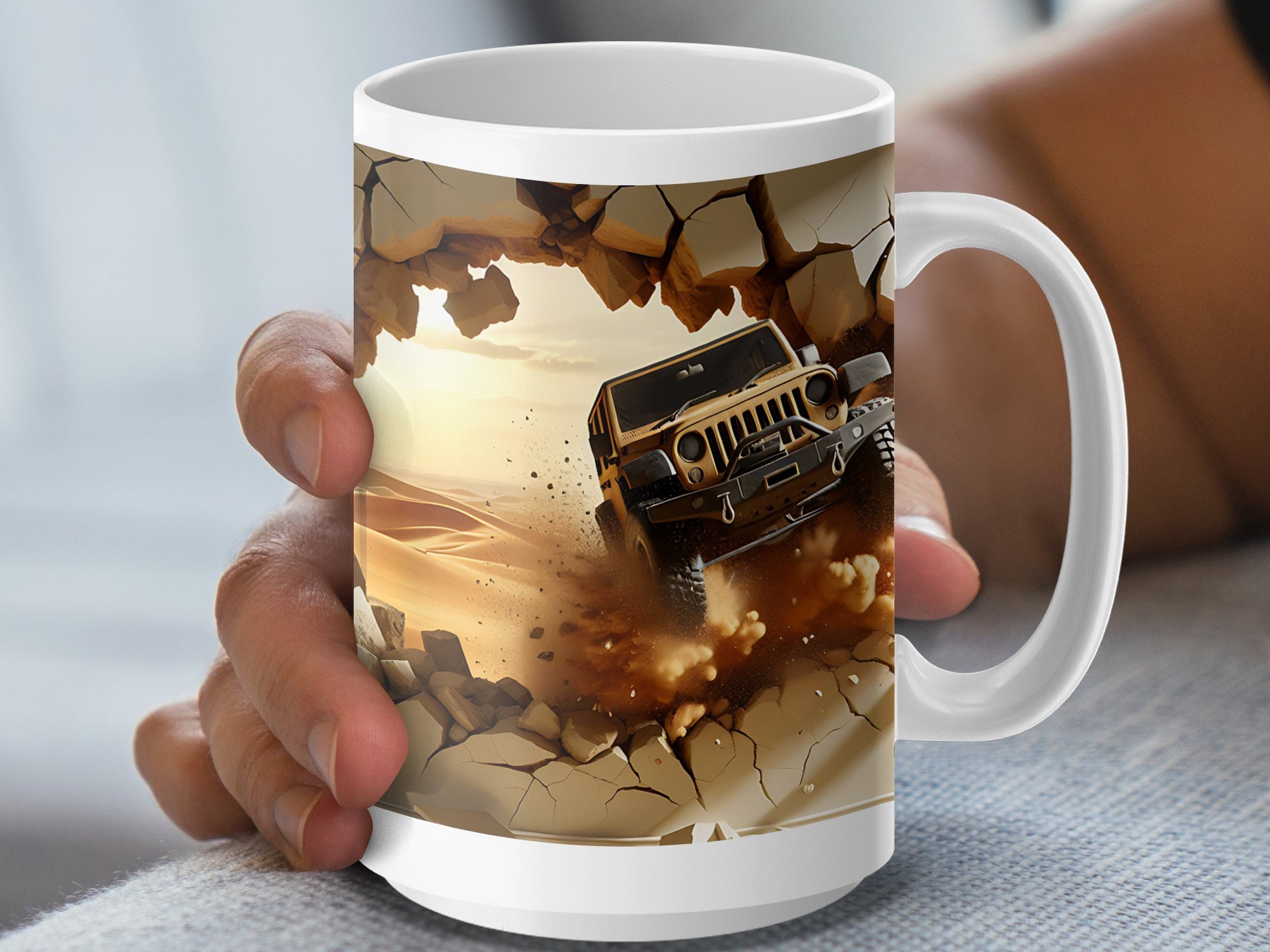 Off Road Jeep Mug Wrap Design, Breaking Through Wall Mug Art, Desert ...