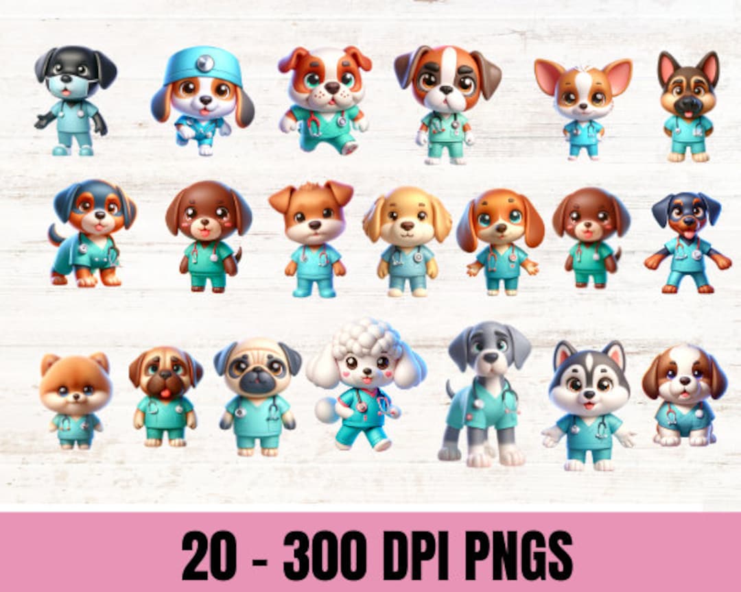 Dog Nurse in Scrubs Clipart Bundle, 20 Cute Dog Breeds in Scrubs ...