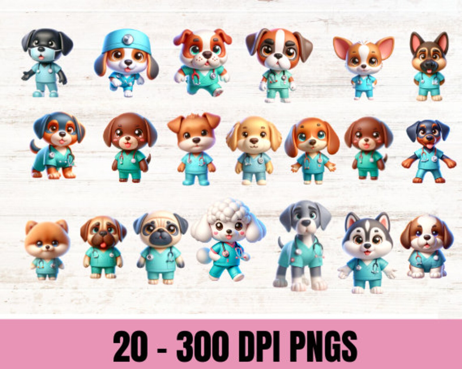 Dog Nurse in Scrubs Clipart Bundle, 20 Cute Dog Breeds in Scrubs ...