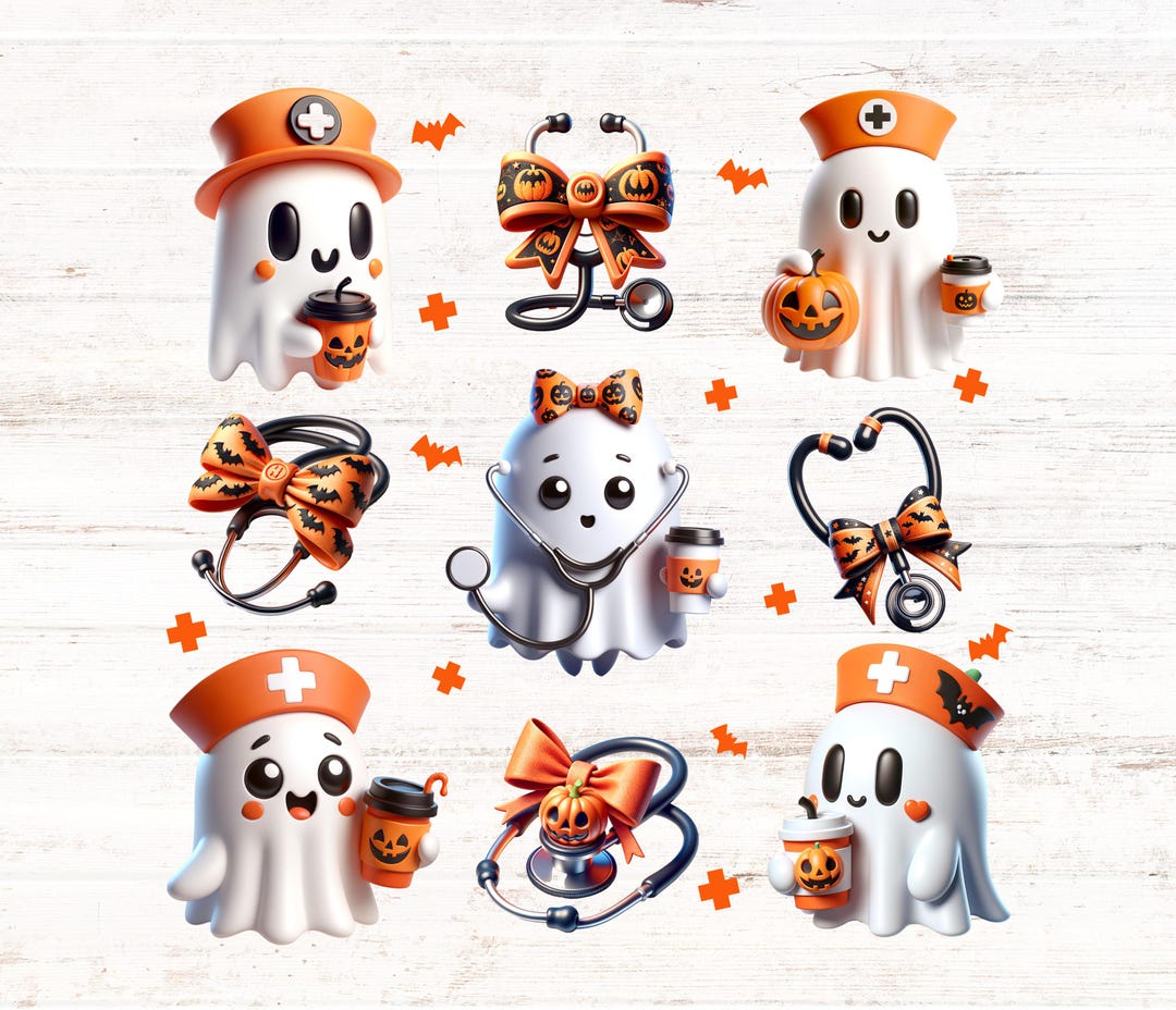 Cute Halloween Nurse Ghosts PNG, 3 Rows of 3D Spooky Nurse With Coffee ...