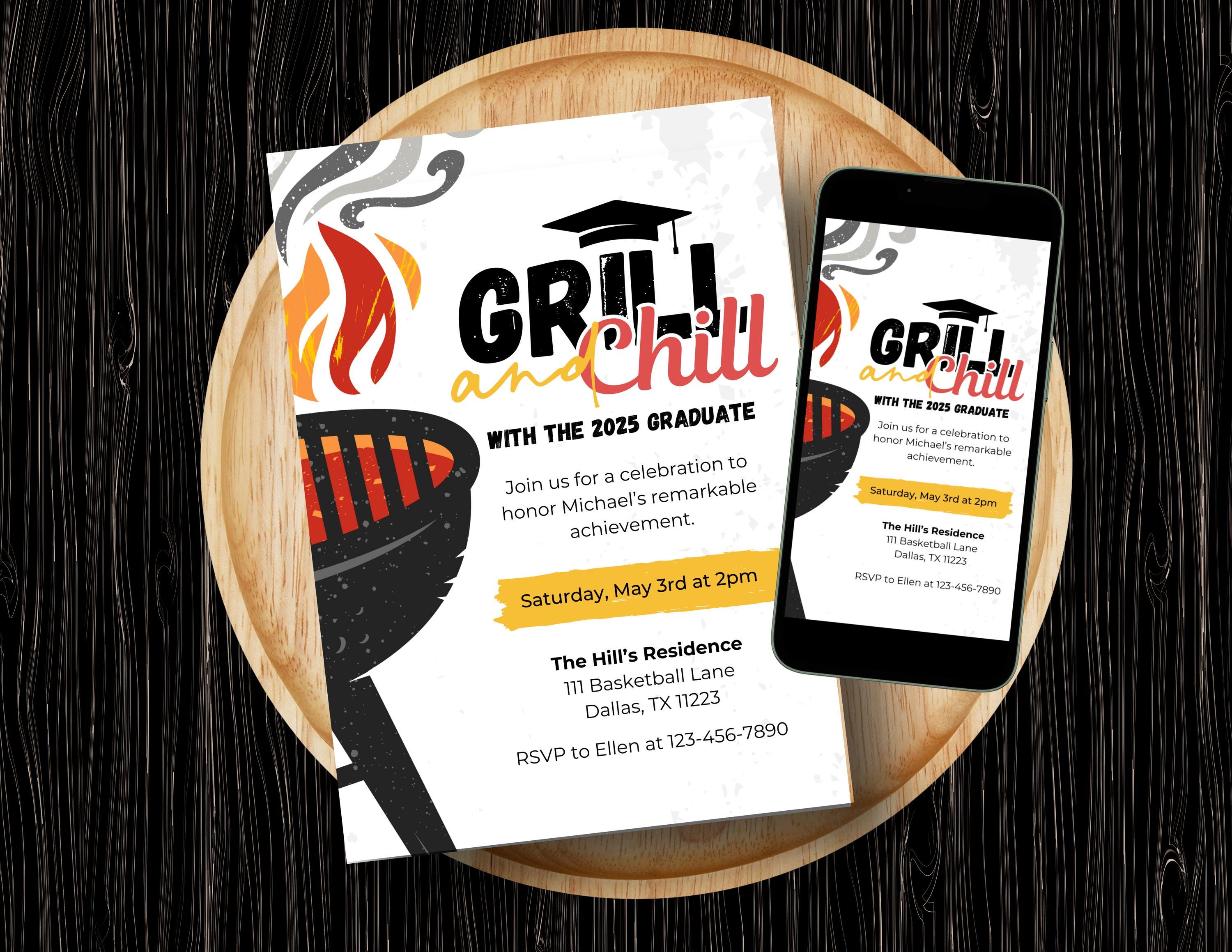 Grill and Chill Graduation Party Invitation, BBQ Invite, College High ...
