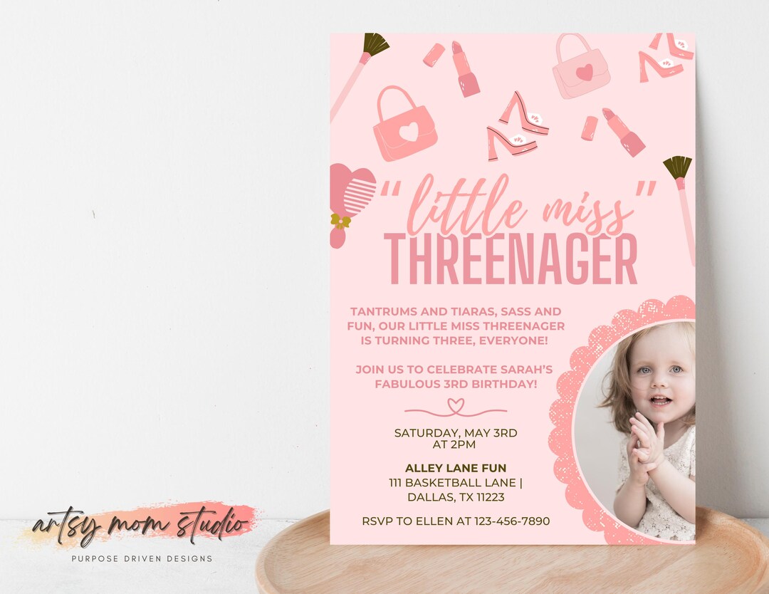 Little Miss Threenager 3rd Birthday Invitation Template Customizable in ...
