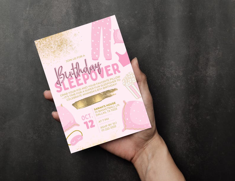 Slumber Party Birthday Invitation, Editable Blush Pink Sleepover Party ...