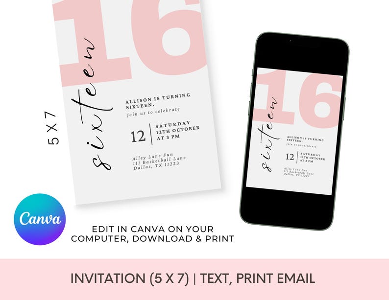 16th Birthday Invitation: Pink Party, Sweet 16 Invite, Sixteenth ...
