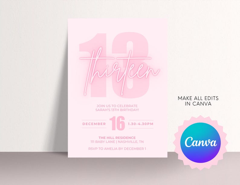Editable Neon Pink Birthday Invitation | 13th Birthday Teen Girl Party ...