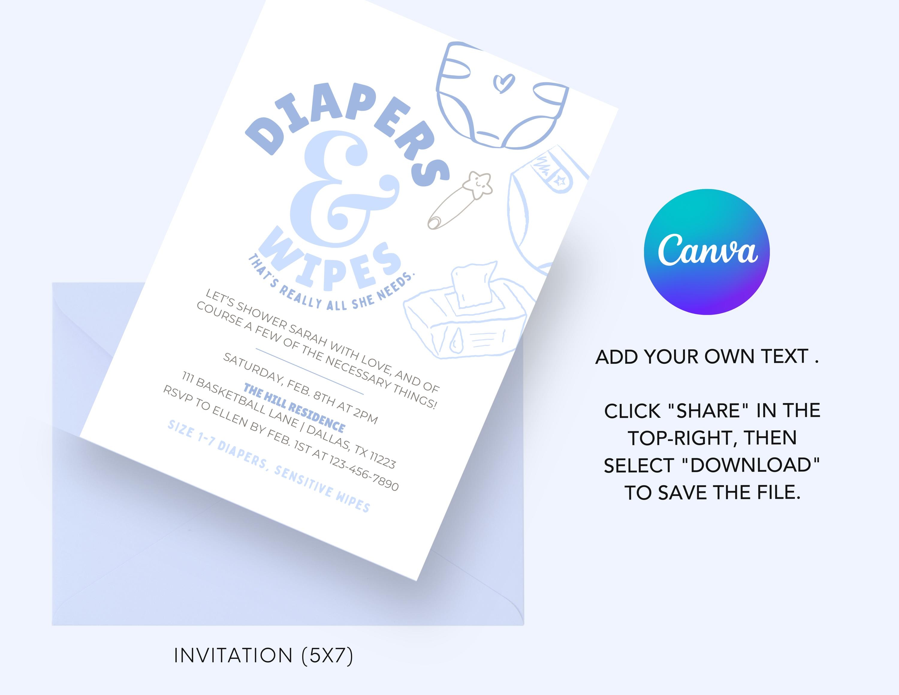 Editable Blue Diaper & Wipes Baby Shower Invitation | Baby Shower Bingo ...