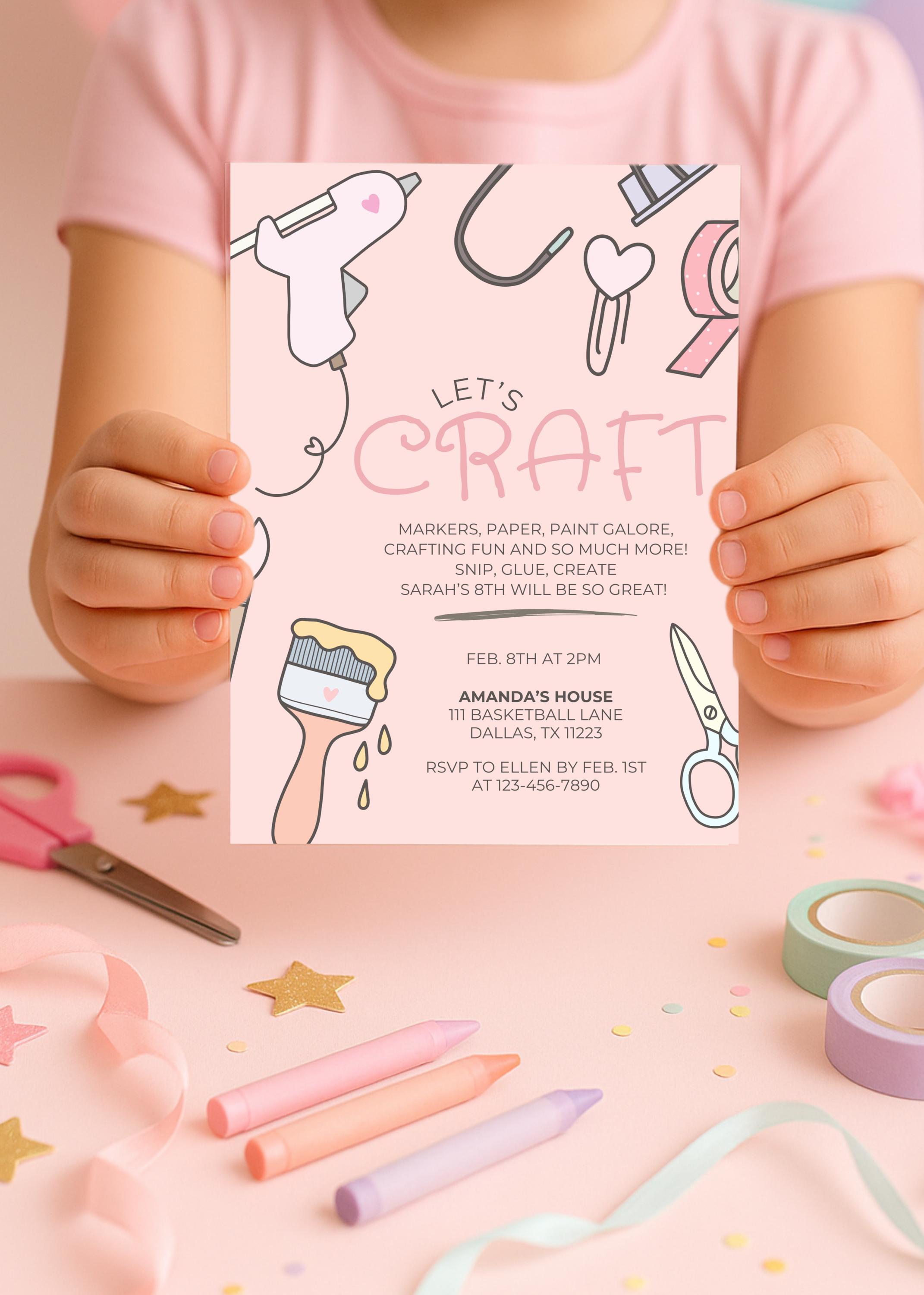 Editable Girls Craft Party Invitation | Arts & Crafts Birthday Invite ...