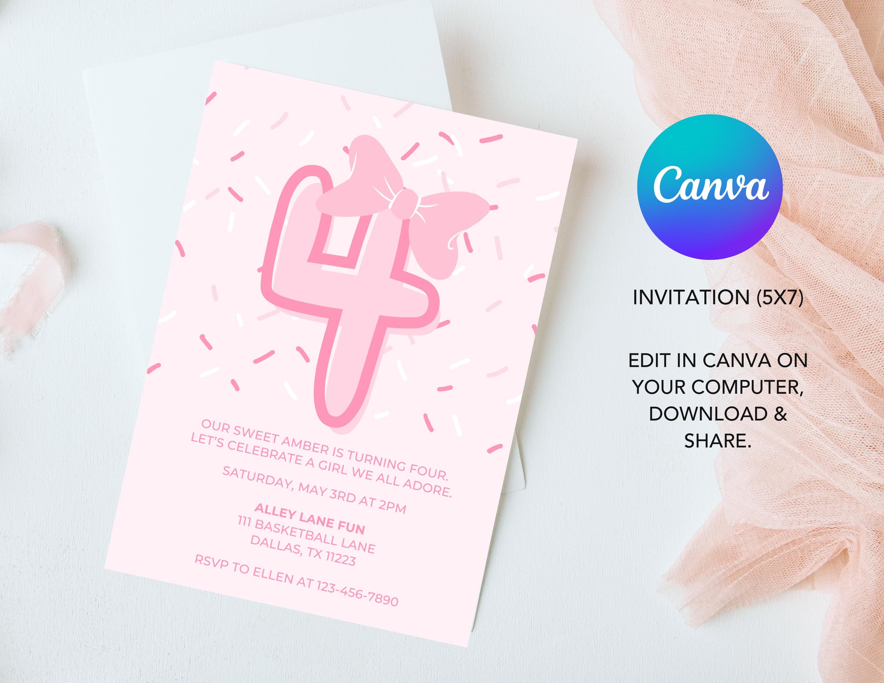 Girl 4th Birthday Invitation Template Editable Light Pink Simple 4th ...