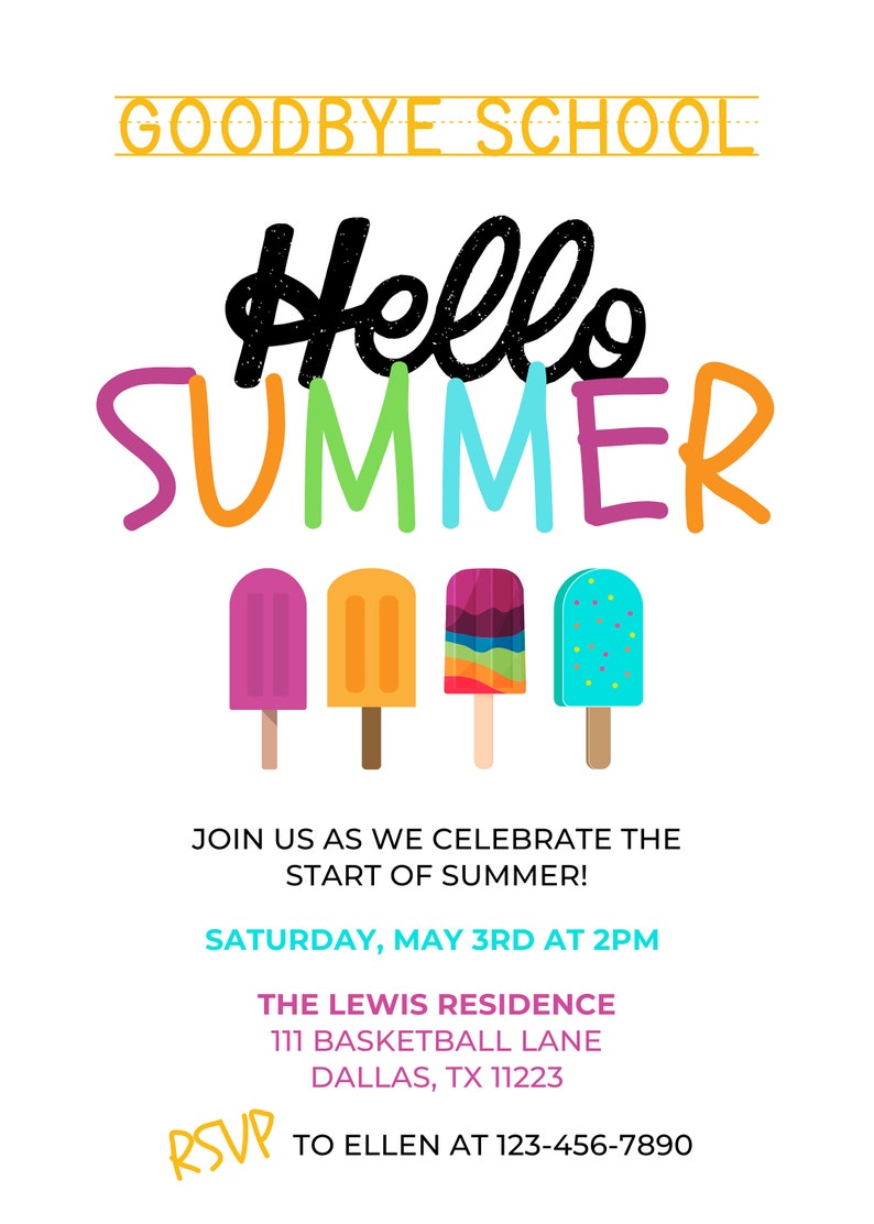 EDITABLE End of School Party Invitation, Hello Summer, Goodbye Schools ...