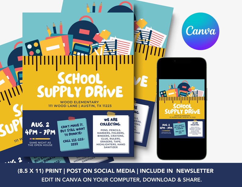 Editable School Supply Drive Flyer, Back to School Invite, School ...