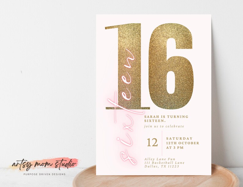 Pink & Gold Sweet 16 Invitation | Teen Girl Sixteenth Birthday Invite ...