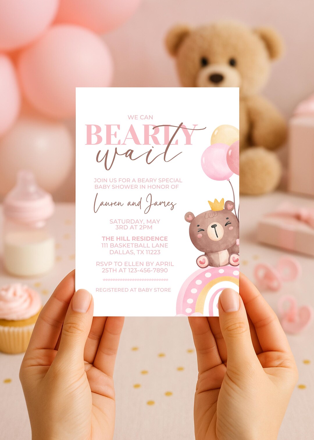 Teddy Bear Baby Shower Invitation | Bearly Wait Baby Shower | Pink ...
