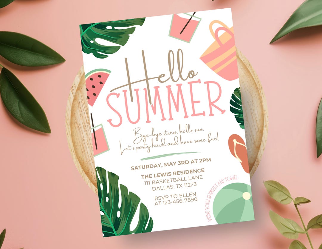 EDITABLE Hello Summer Theme Invitation, Print or Text Invite, Hello ...