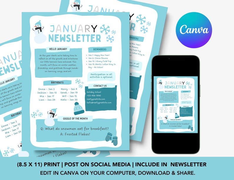 January Classroom Newsletter Template | Editable Canva School ...