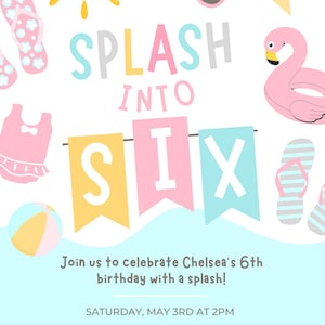 Editable 6th Birthday Pool Party Invitation Girl, Pastel Splish Splash ...