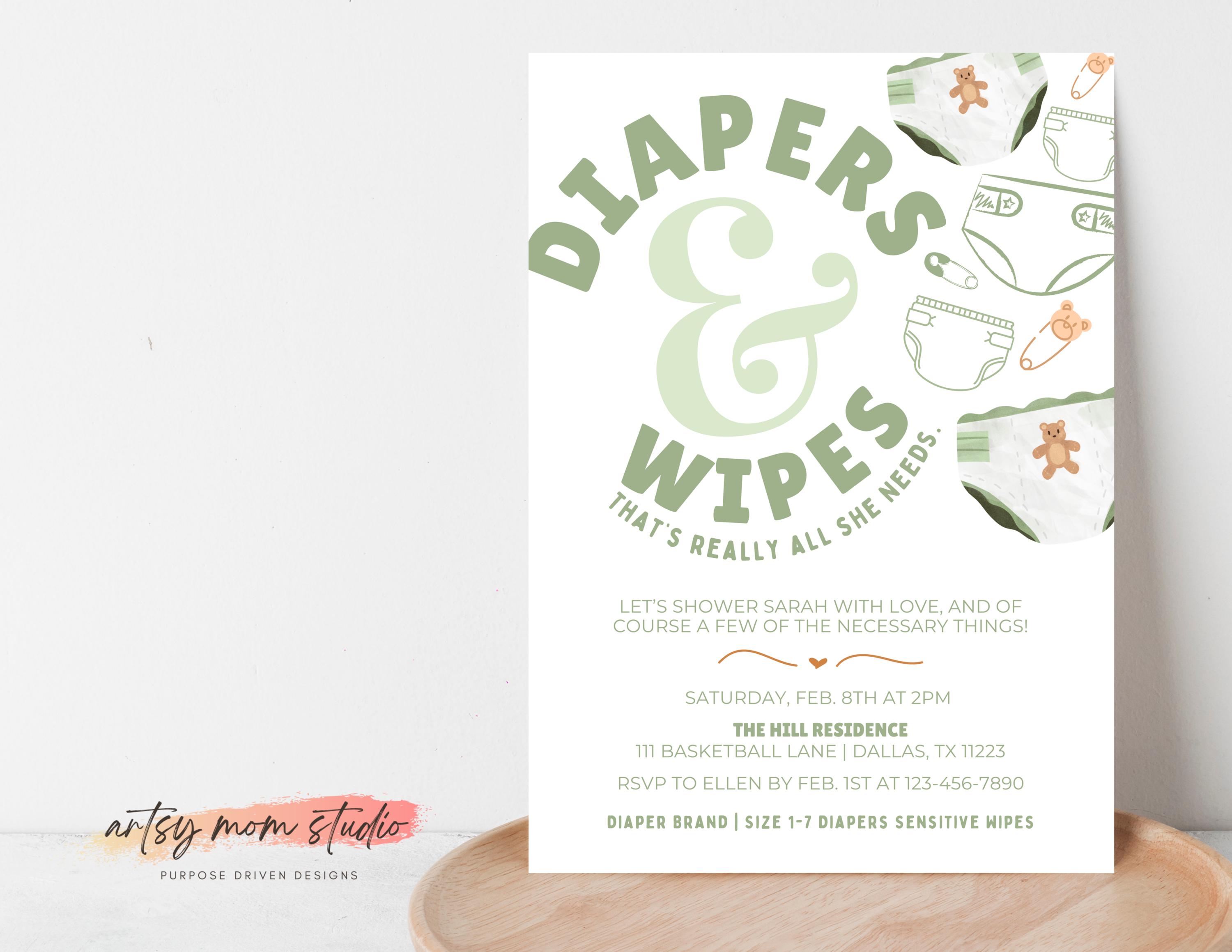 Green Diaper & Wipes Baby Shower Invitation | Teddy Bear Theme | Green ...