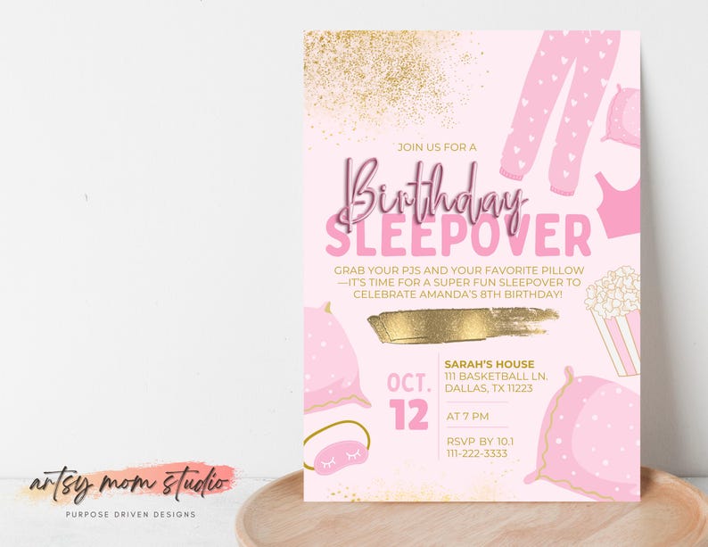 Slumber Party Birthday Invitation, Editable Blush Pink Sleepover Party ...