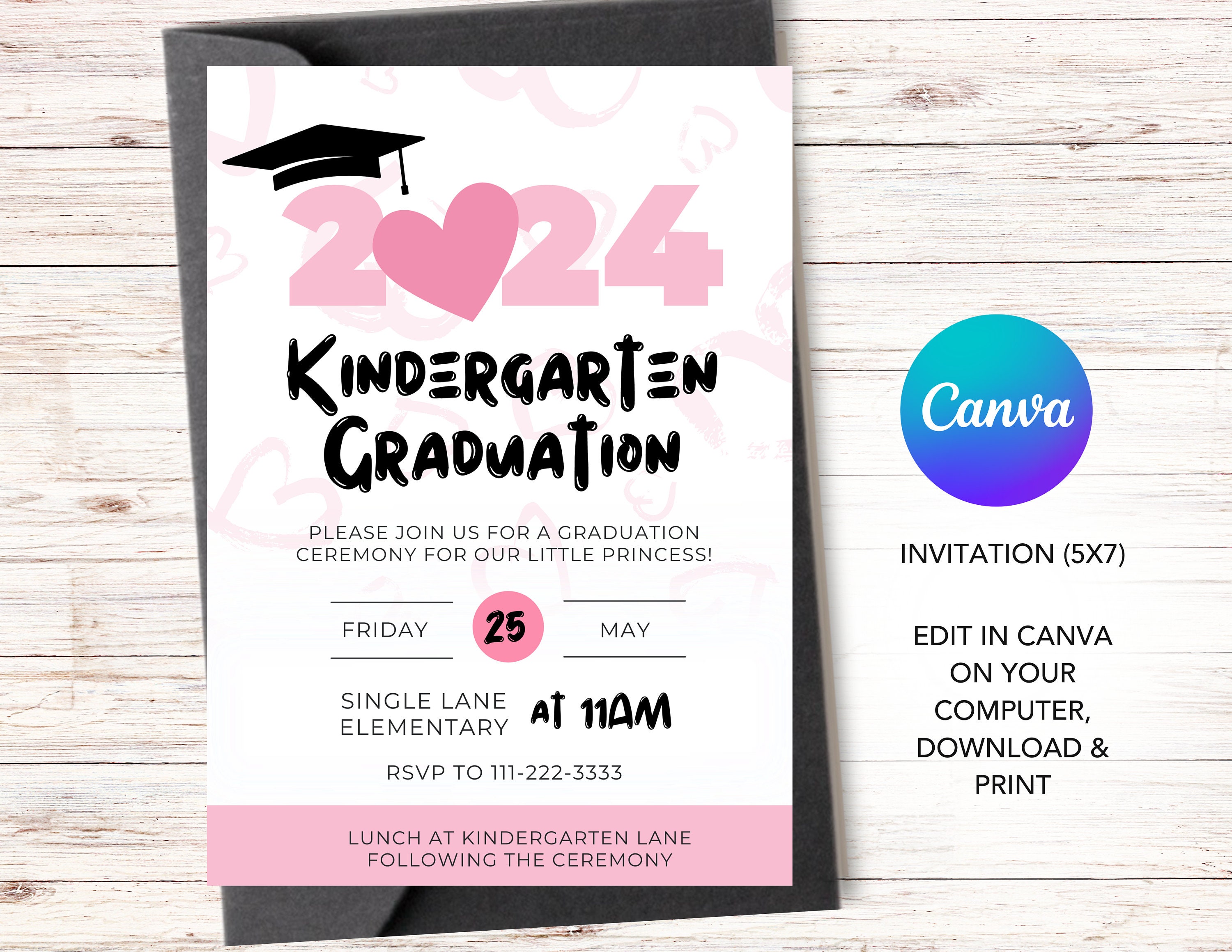 Editable Kindergarten Graduation Invitation Pink Printable Flyer Class ...