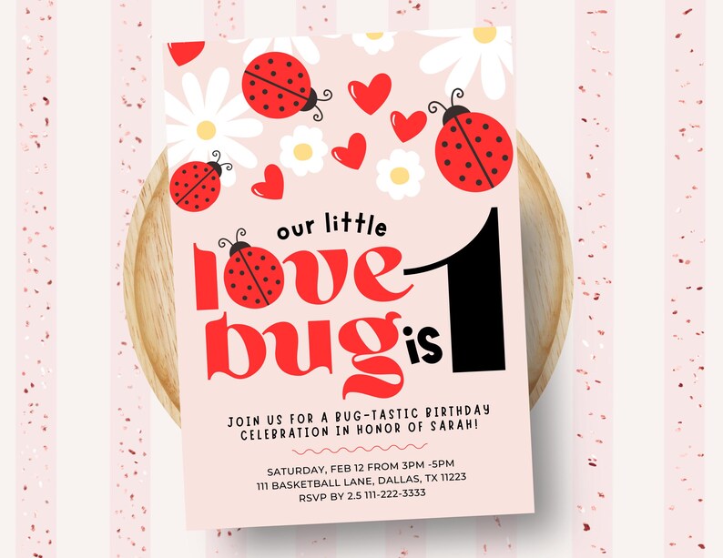 Love Bug First Birthday Invitation | Valentine’s Day Ladybug Birthday ...