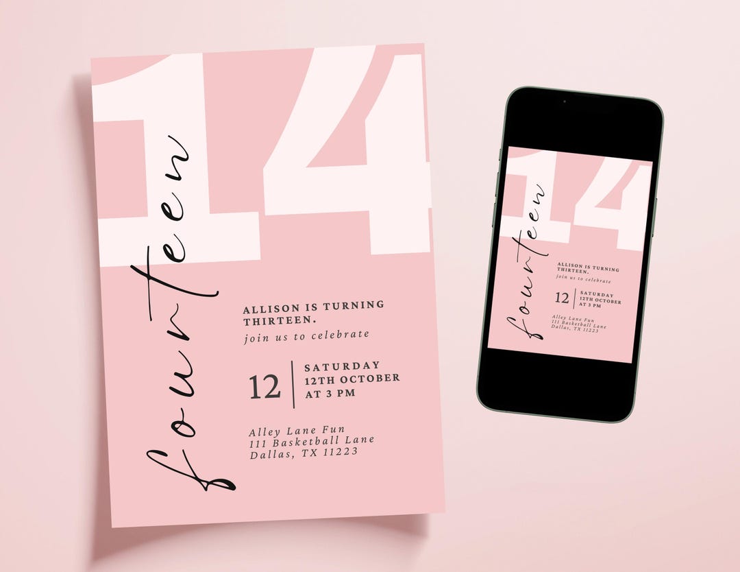 14th Birthday Invitation, Pink Party Invite for Teen Girls, Editable ...